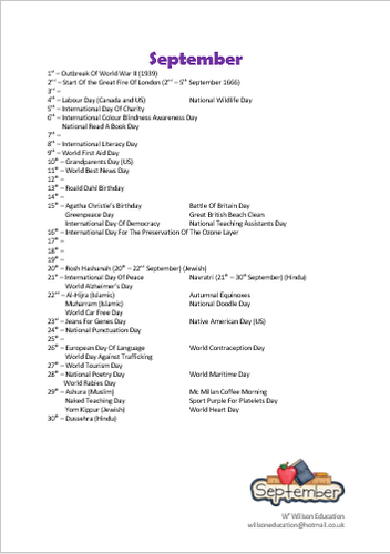 National Days Of Celebration 2017-2018 | Teaching Resources