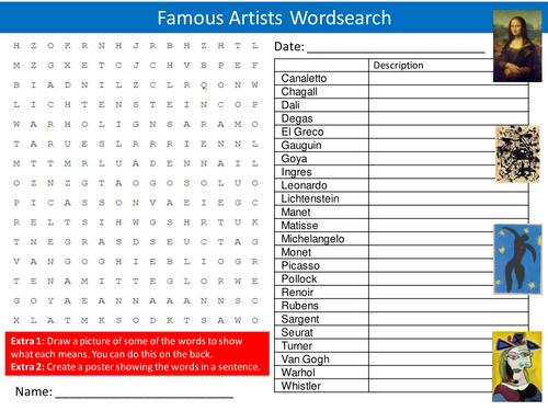 Art Famous Artists Wordsearch Literacy Starter Activity Homework Cover ...