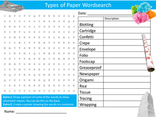 Types of Paper Wordsearch Art Literacy Starter Activity Homework Cover ...