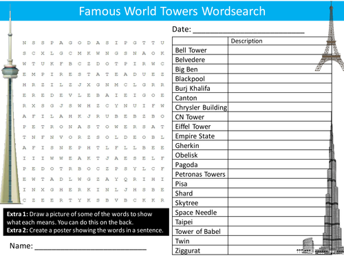 Famous World Towers Wordsearch Architecture Literacy Starter Activity ...