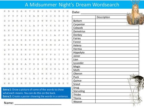 A Midsummer Night's Dream Wordsearch Literacy Starter Activity Homework ...