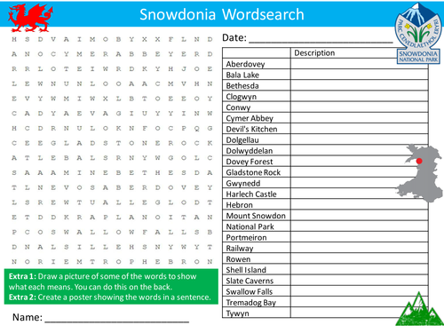 Snowdonia Wordsearch Park Hiking Geography Literacy Starter Activity ...