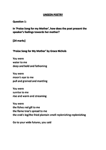 2x Unseen Poetry Sample Exam Questions for GCSE AQA Paper 2 Section C ...