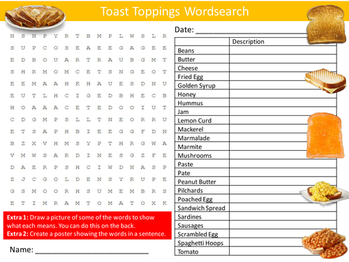Toast Toppings Wordsearch Food Technology Literacy Starter Activity ...