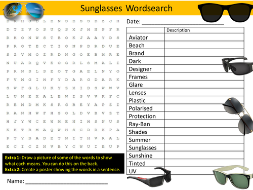 Sunglasses Wordsearch Sun Safety Literacy Starter Activity Homework ...