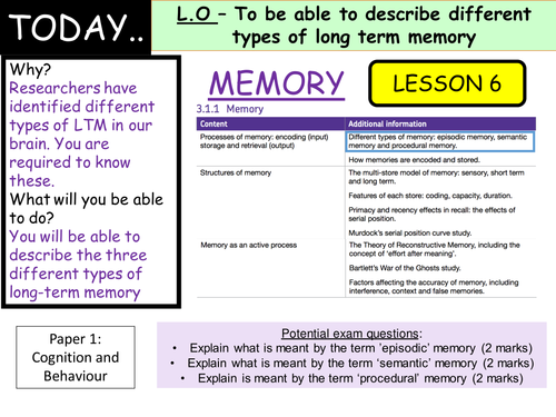 AQA GCSE [9-1] PSYCHOLOGY - MEMORY LESSON BUNDLE & SOW | Teaching Resources