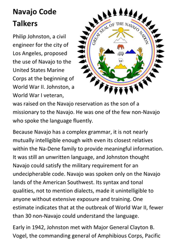 Navajo Code Talkers WW2 Handout | Teaching Resources
