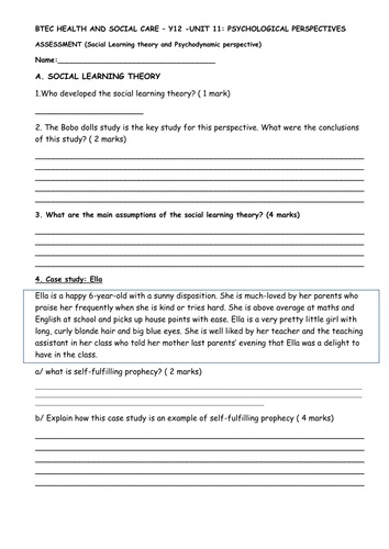 New Btec Health and Social care - unit 11 Psychological perspectives ...