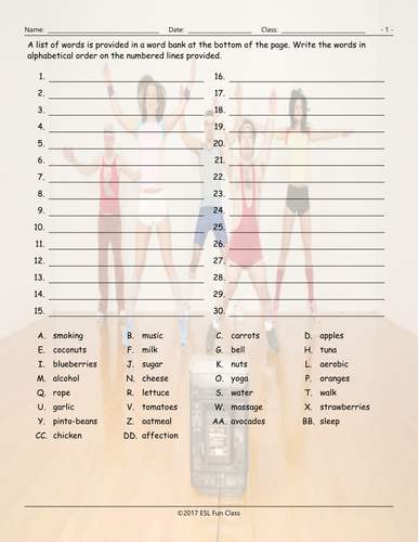 Healthy Lifestyle-Nutrition Alphabetical Order II Worksheet | Teaching ...