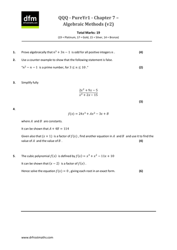 Pure 1 Chapter 7 - Algebraic Methods | Teaching Resources Pure 1 Chapter 7 - Algebraic Methods | Teaching Resources