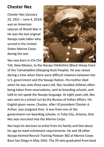 Chester Nez - Navajo Code Talker Handout | Teaching Resources
