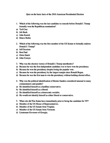 Ice breaker - Quiz on the basic facts of the 2016 American Presidential ...