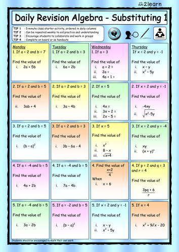 Math Daily Revision Worksheets - Algebra 1 Substituting / Substitution ...