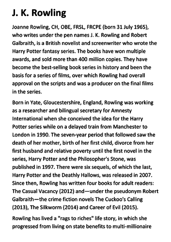 JK Rowling Handout | Teaching Resources