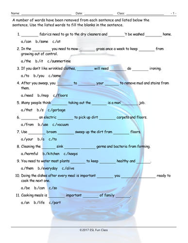 Household Chores-Cleaning Supplies Missing Words Worksheet | Teaching ...