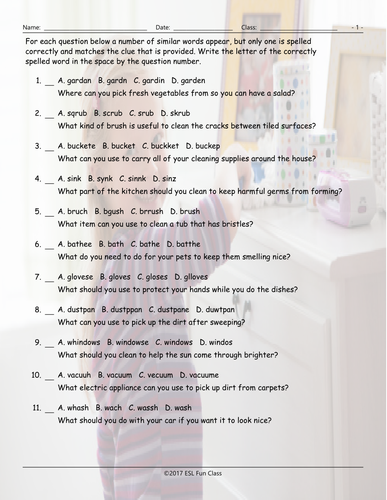 Household Chores-Cleaning Supplies Spelling Challenge Worksheet ...