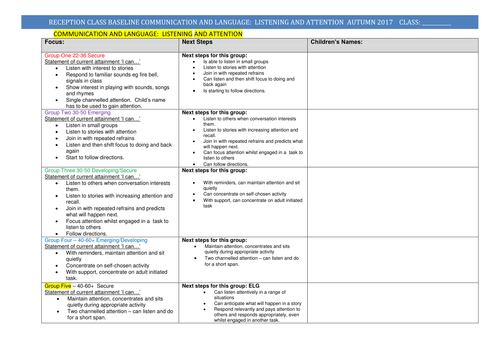 Baseline proforma for EYFS Reception Dev Matters: Prime areas ...