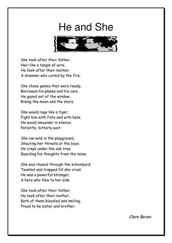 Poetry - He and She Clare Bevan | Teaching Resources