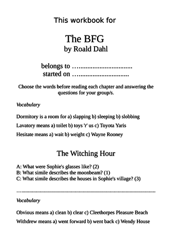 The BFG by Roald Dahl workbook (differentiated) | Teaching Resources