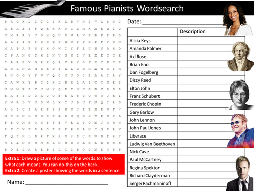 Famous Pianists Wordsearch Piano Music Literacy Starter Activity ...