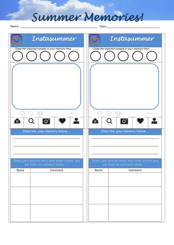 Back to School Summer Memories Instagram New Class worksheet | Teaching ...