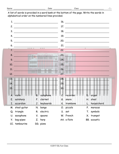 Musical Instruments Alphabetical Order II Worksheet | Teaching Resources Musical Instruments Alphabetical Order II Worksheet | Teaching Resources