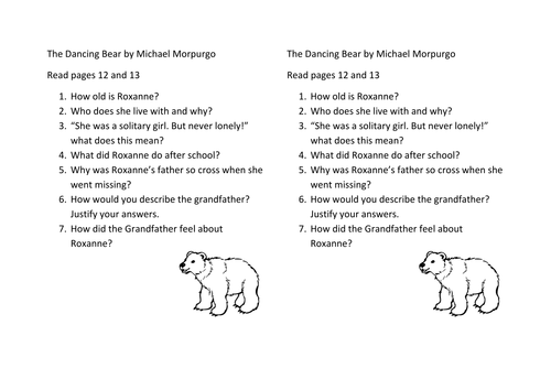 Reading tasks-The Dancing Bear by Michael Morpurgo | Teaching Resources