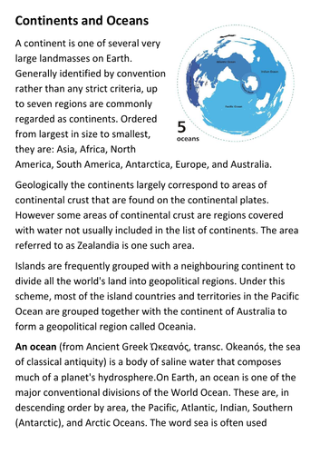 Continents and Oceans Handout Handout | Teaching Resources