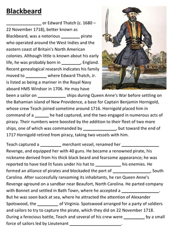 Blackbeard the Pirate Cloze Activity | Teaching Resources