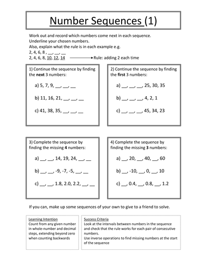 Year 5 - Number Sequences and Patters - Worksheets - Numeracy - Block A ...