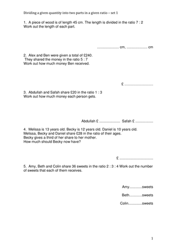 Maths GCSE Ratio. Part (a) Dividing a given quantity into two parts ...
