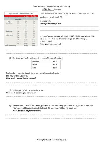 Functional Skills Exam Revision worksheets-L2: Money/decimals ...