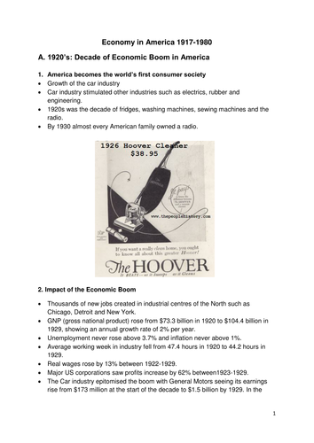 Economy in America -Edexcel A level history -Theme 1F- revision sheets ...
