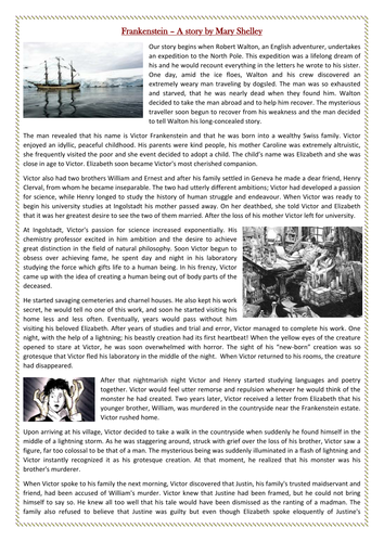 Frankenstein – A story by Mary Shelley / Reading Comprehension ...