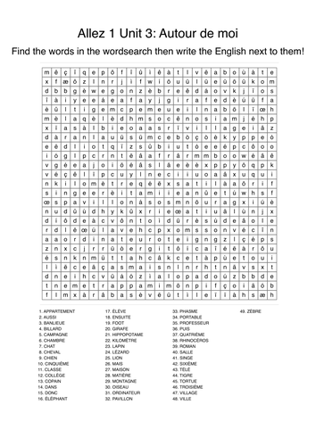 Allez 1 Unit 3 Autour de moi Wordsearch | Teaching Resources