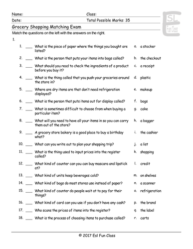 Grocery Shopping Matching Exam | Teaching Resources