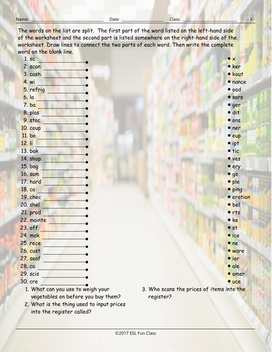 Grocery Shopping Word Links Worksheet | Teaching Resources
