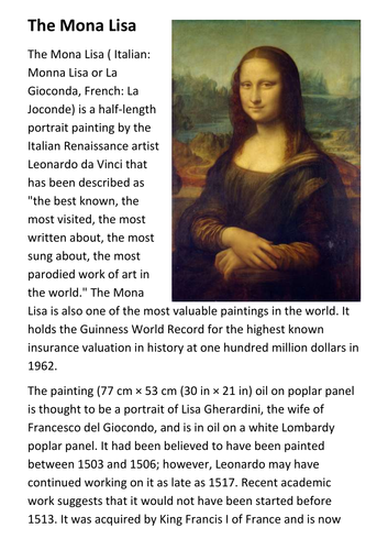 The Mona Lisa Handout | Teaching Resources
