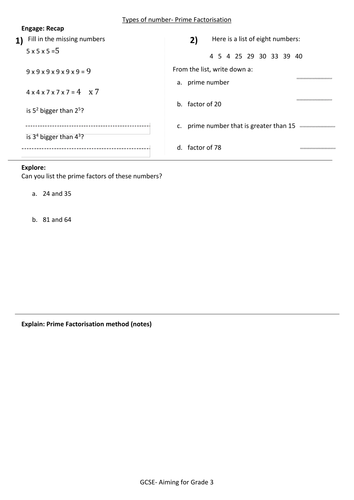 GCSE Revision Worksheet-HCF,LCM and Prime factorisation | Teaching ...