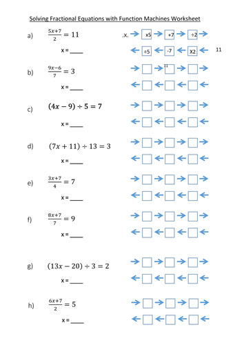 Solving Fractional Equations with Function Machines Worksheet (Scaffolded with answers ...
