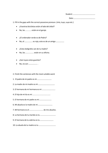 Spanish - A1 - possesive pronouns, plurals, family, colours - worksheet ...