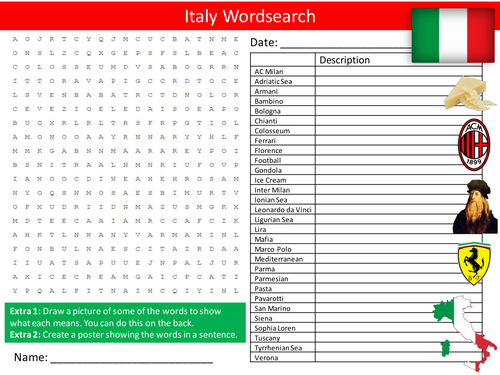 Italy Wordsearch Country Geography Literacy Starter Activity Homework ...