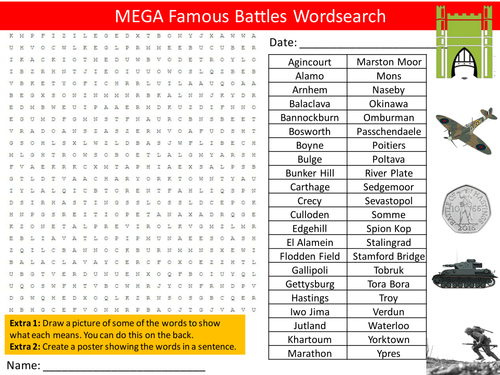 Famous Battles 3 x Wordsearch History Literacy Starter Activity ...