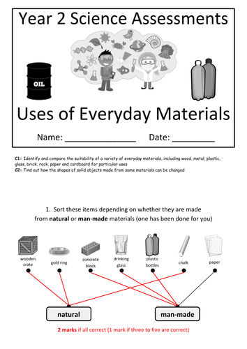Year 2 Science Assessment: Uses of Everyday Materials + Revision Sheet ...