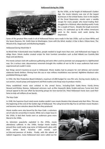 1930s Hollywood - The Development of Cinema | Teaching Resources