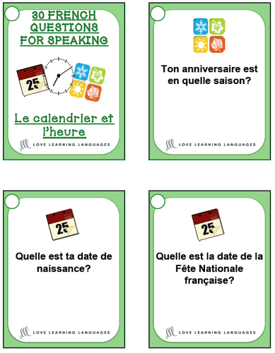 GCSE FRENCH: 30 French Speaking Prompts - Le calendrier et l'heure ...