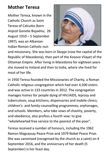 Mother Teresa Handout | Teaching Resources
