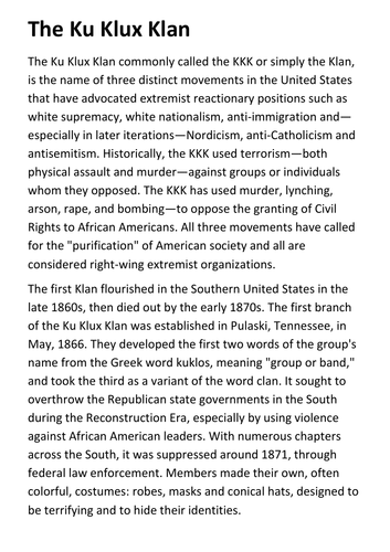 Ku Klux Klan Handout | Teaching Resources
