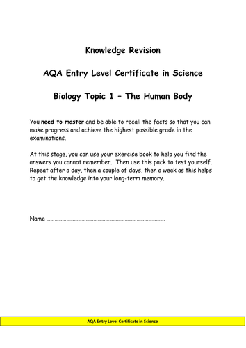 AQA Entry Level Certificate Science 2016- B1 The Human Body Revision ...