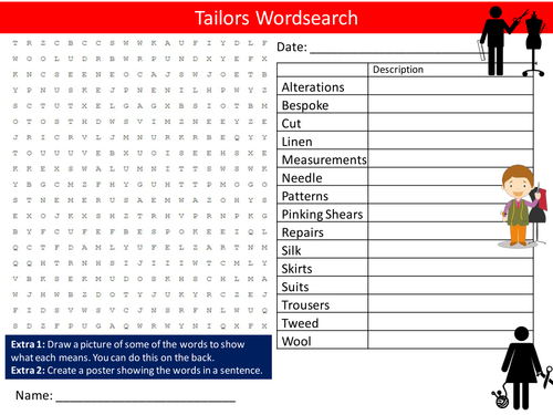 Tailors Wordsearch Textiles Careers Starter Activity Homework Cover ...
